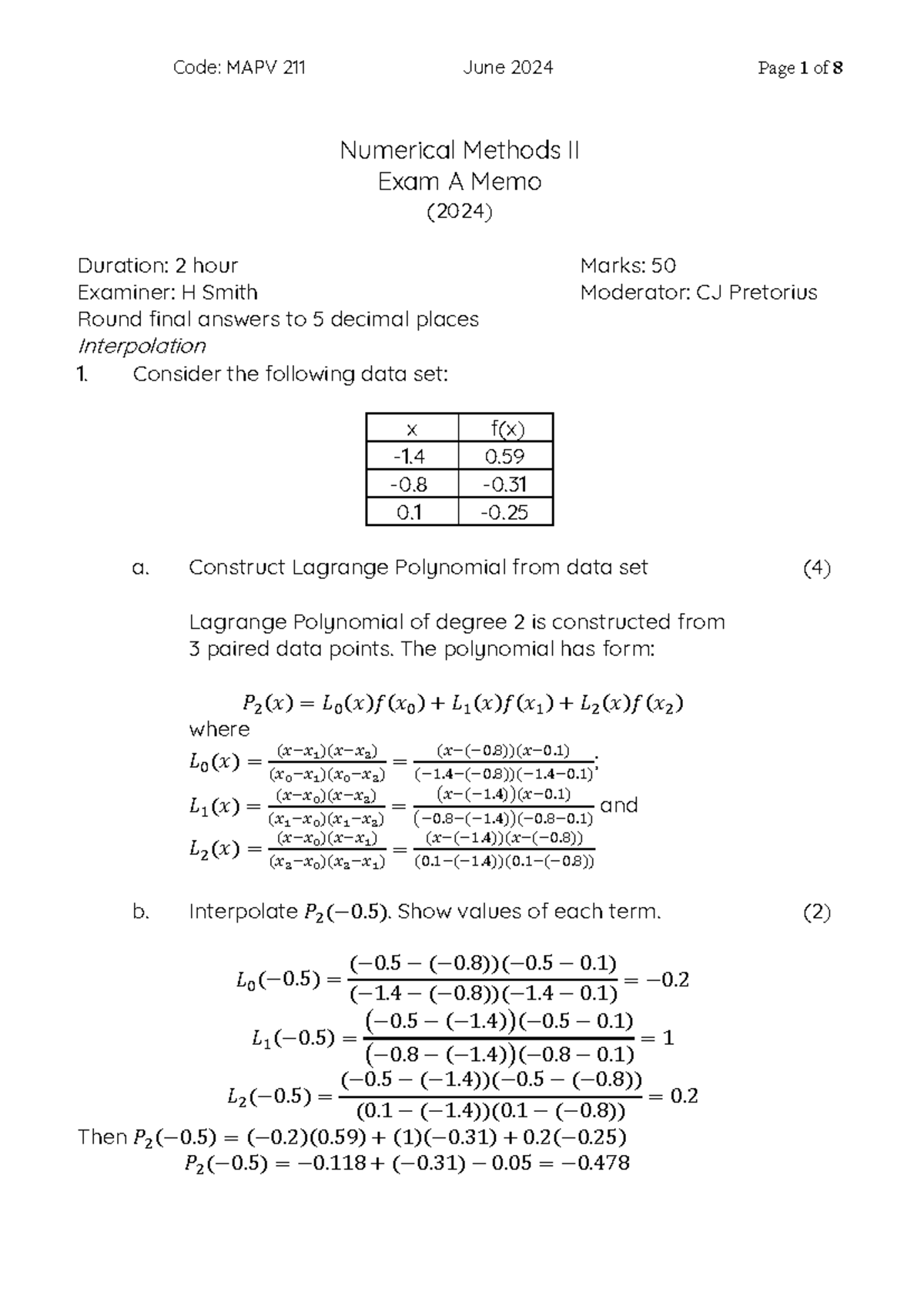 Numerical Methods II Exam A Memo - MAPV 211 June 2024 - Studocu