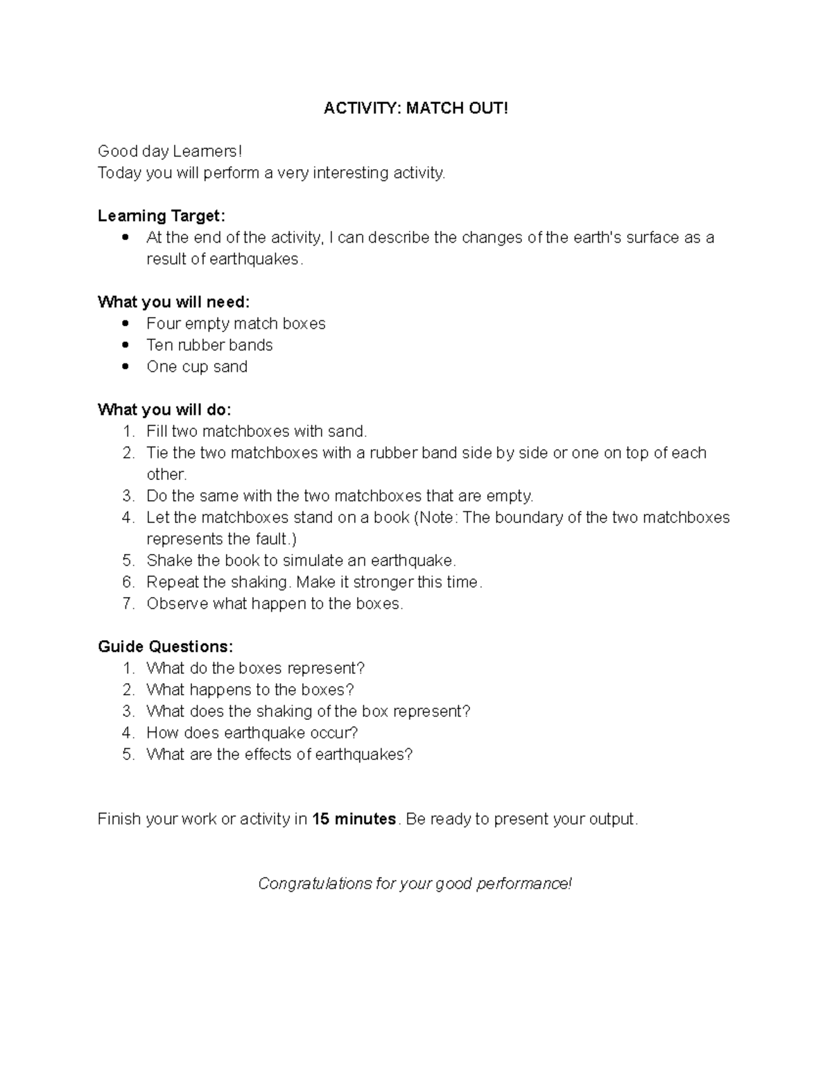 Activity Sheet: Earthquake Simulation - Match Out! - Studocu