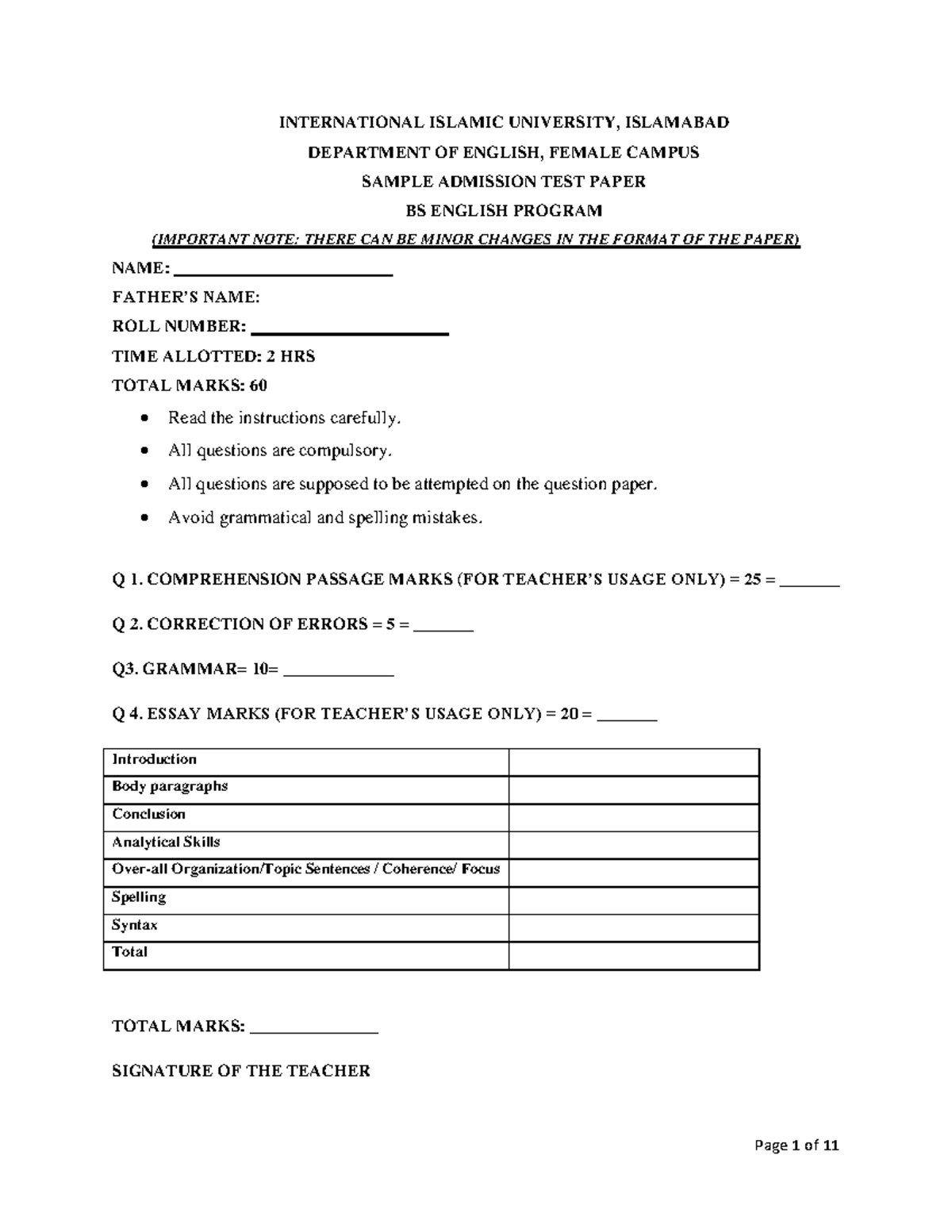 Sample Admission Test Paper for BS English 240718 - Studocu