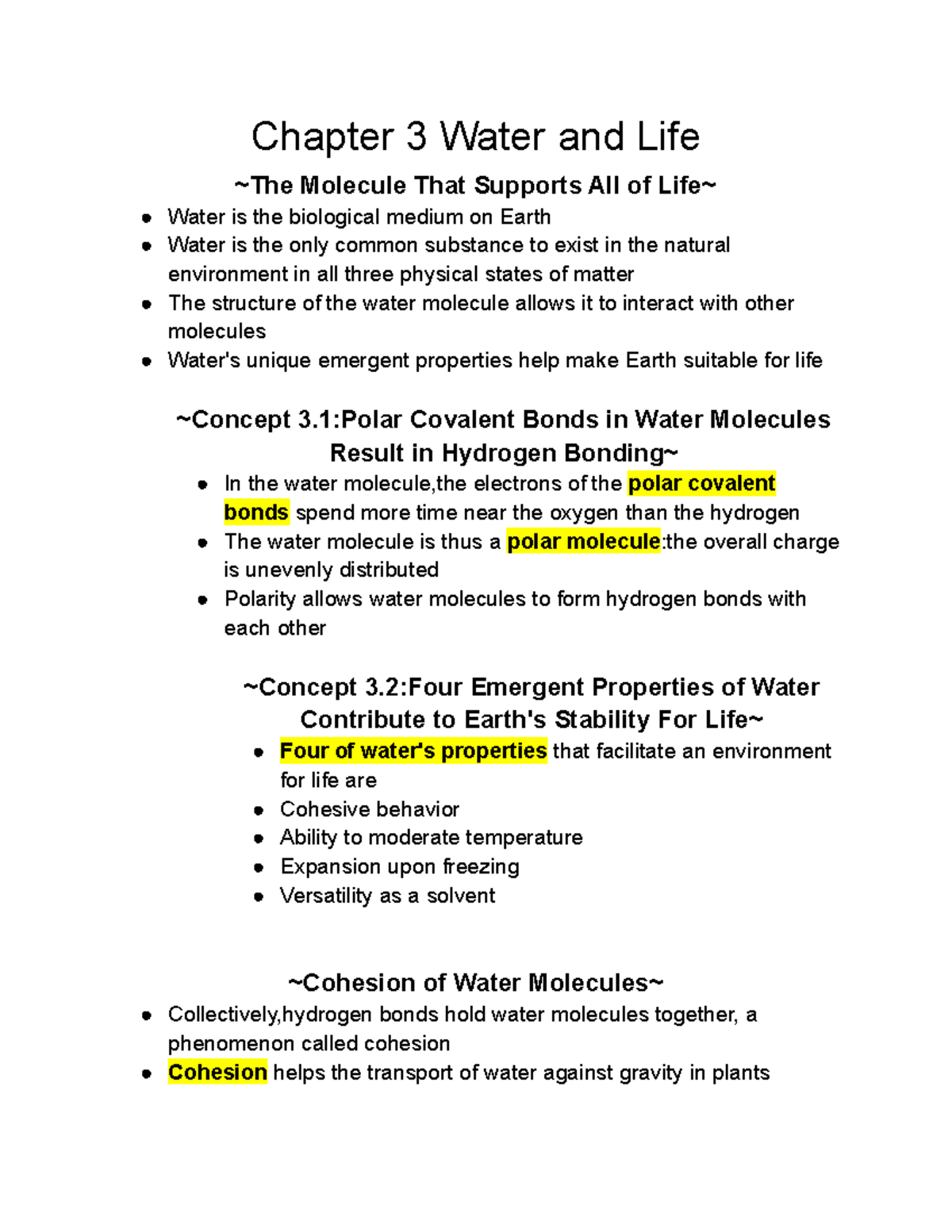 Chapter 3 Biology Notes - Chapter 3 Water and Life The Molecule That ...