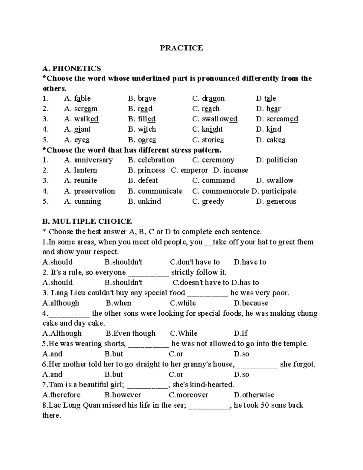 PRACTICE A. PHONETICS & MULTIPLE CHOICE EXERCISES (ENG 8) - Studocu