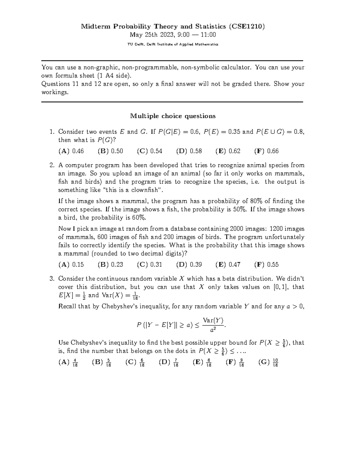Probability Theory and Statistics[ 2023-05-25] - Midterm Probability Theory and Statistics ...
