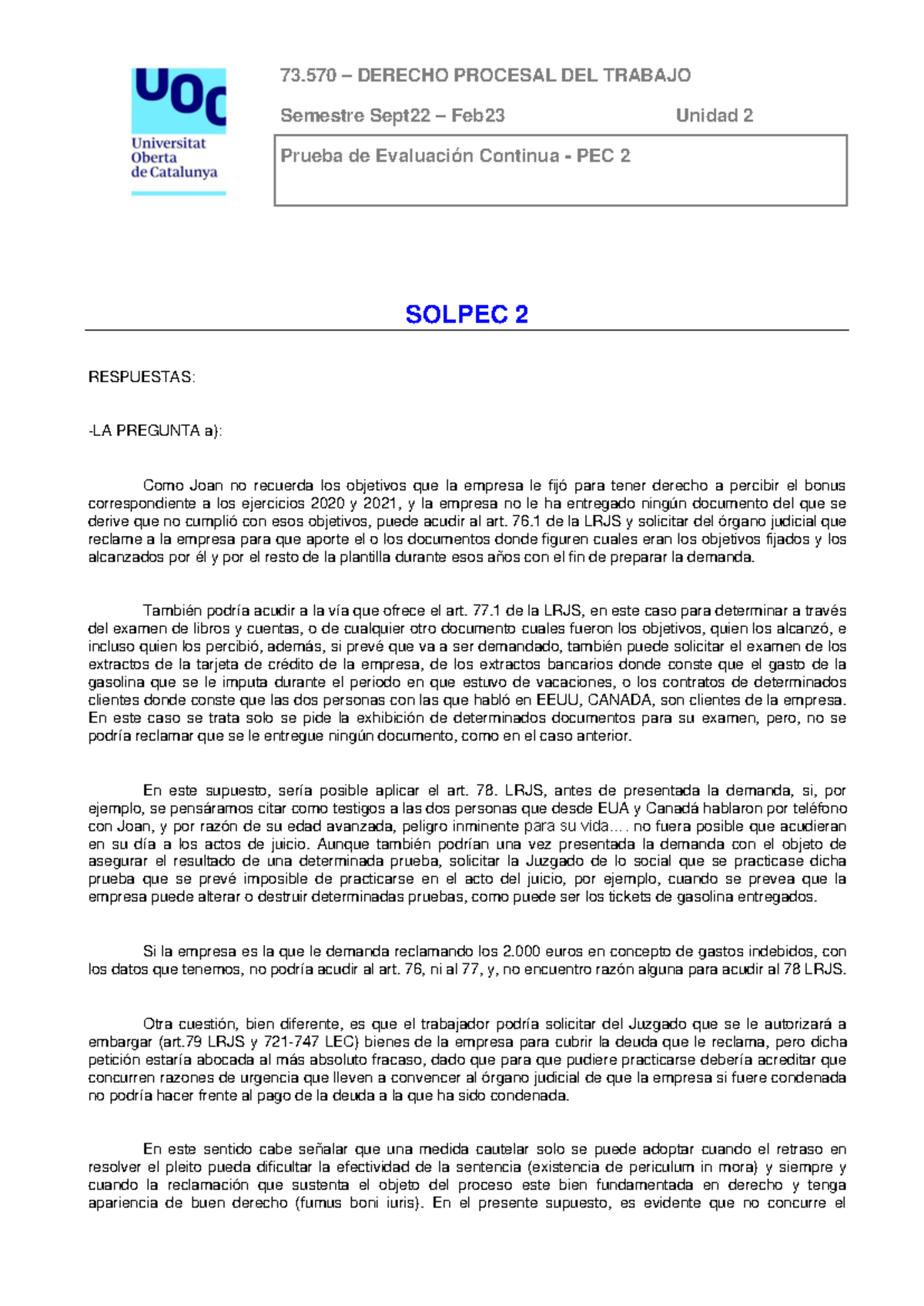 73570 Solpec 2 20221 - Semestre Sept22 – Feb23 Unidad 2 Prueba de Evaluación Continua - PEC 2 ...