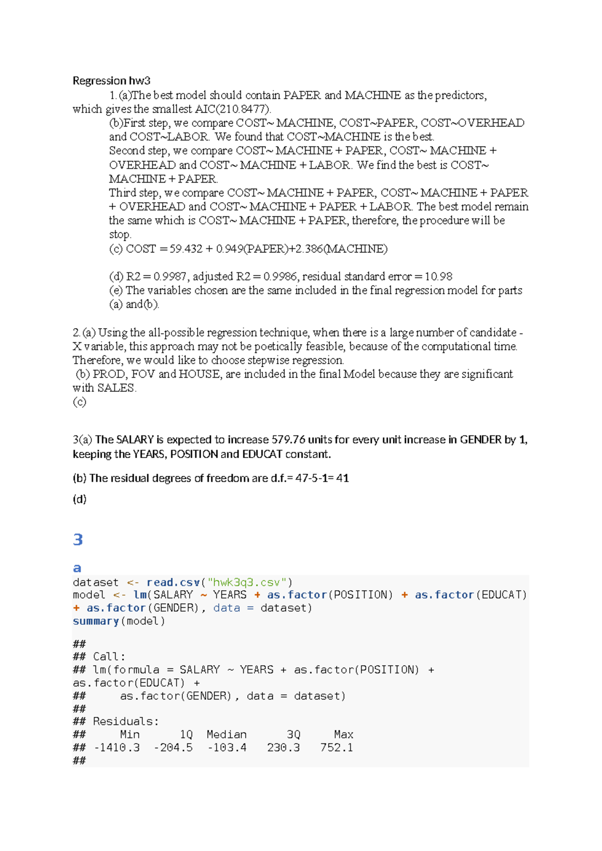 Regression HW3: Model Selection and Analysis Techniques - Studocu