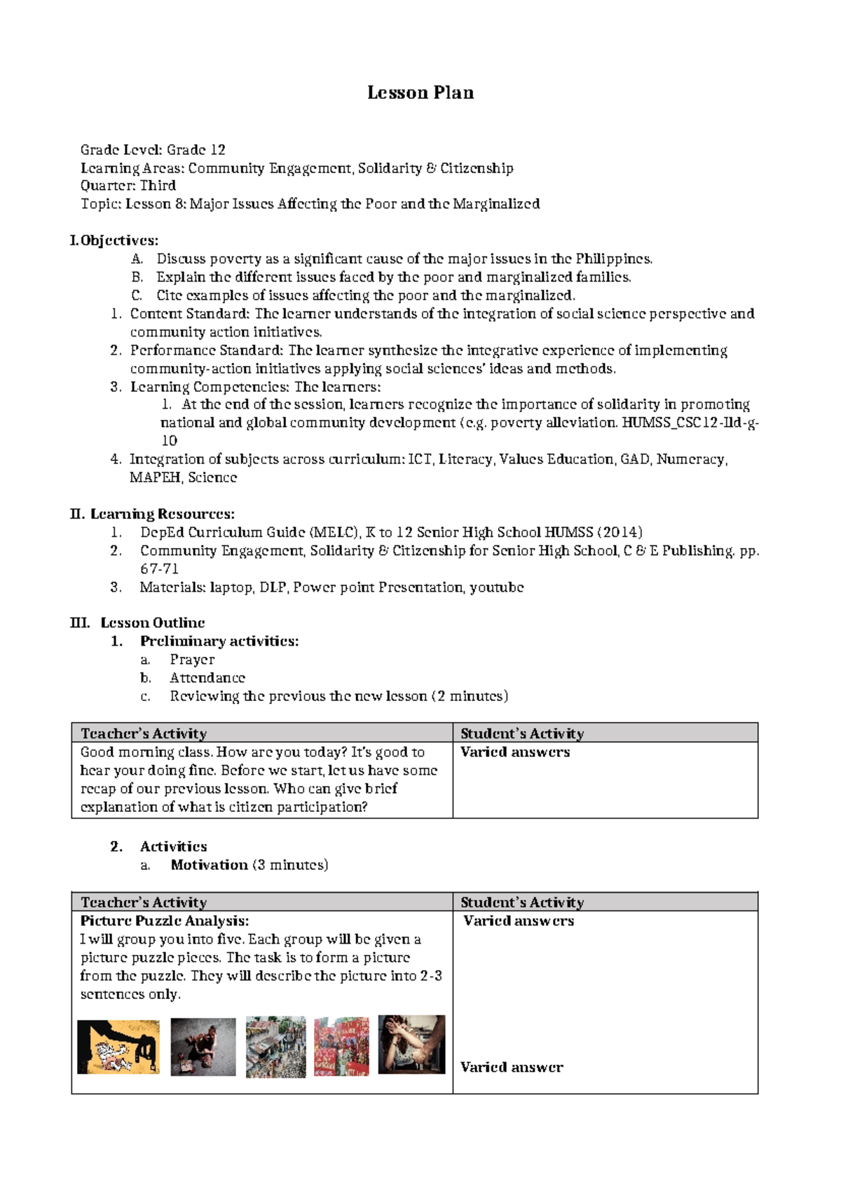 Lesson Plan: Grade 12 Community Engagement - Major Issues on Poverty ...