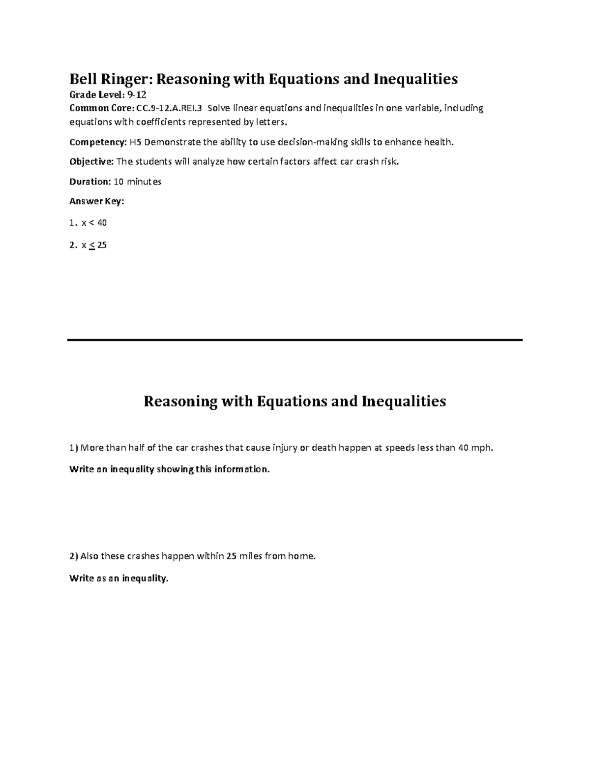 Math 2 - Bell Ringer: Reasoning with Equations & Inequalities - Studocu