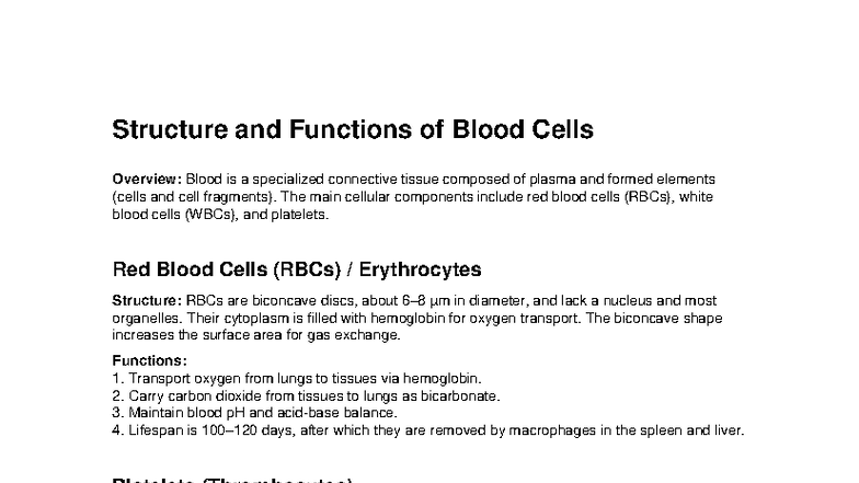 Structure and Functions of Blood Cells Overview: A Detailed Study - Studocu