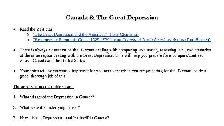 IB History: Canada & the Great Depression Reading Guide (2024) - Studocu