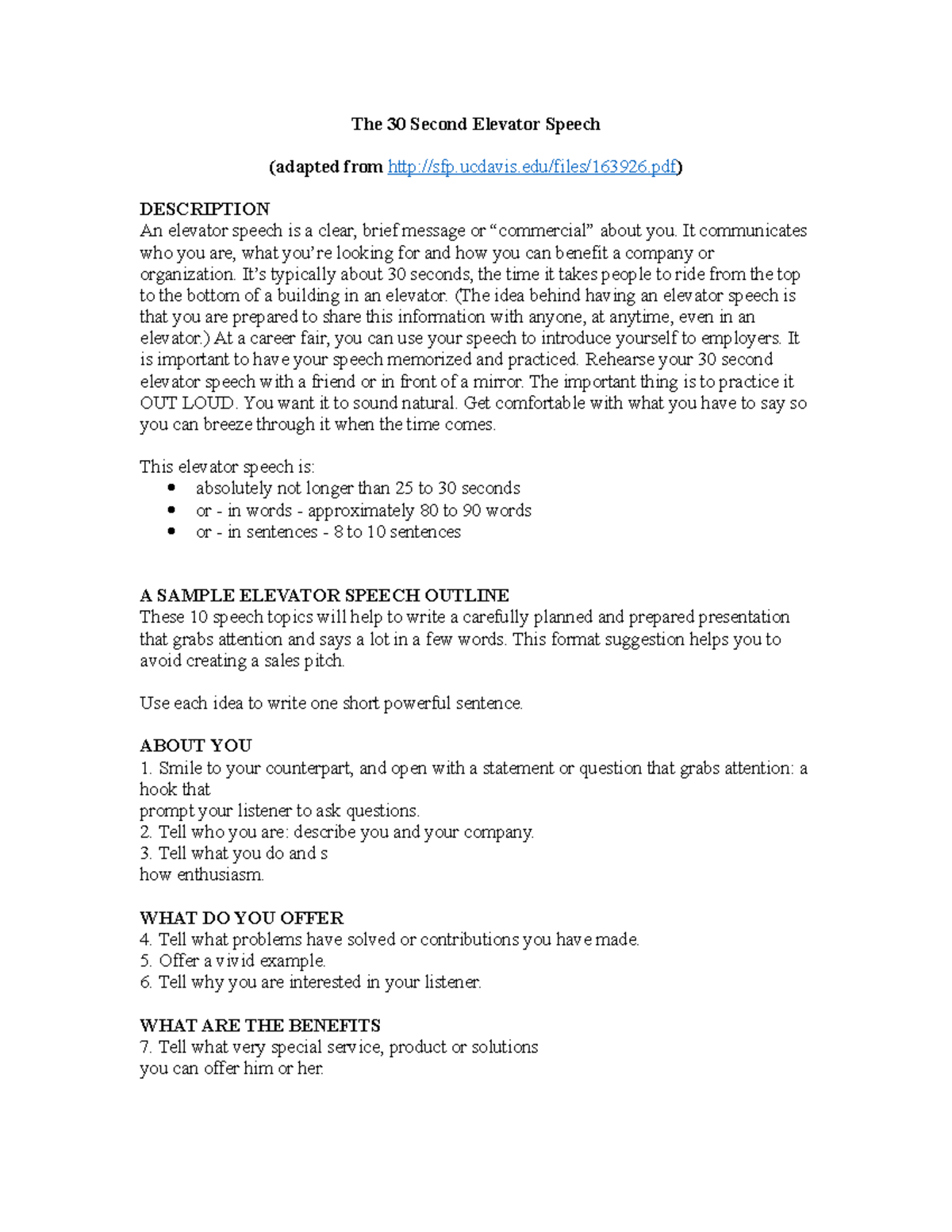 Elevator Speech assignment - The 30 Second Elevator Speech (adapted ...