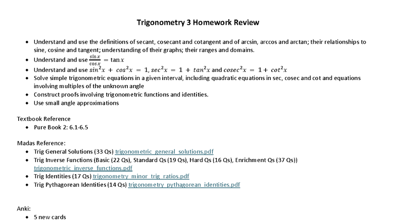 Trigonometry 4 Homework Review: Secant, Cosecant, Cotangent Concepts ...