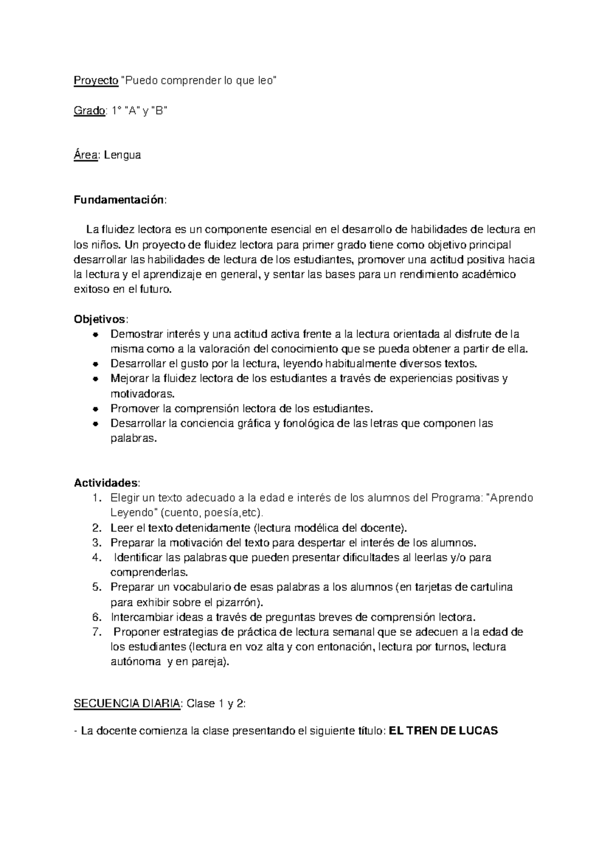 Proyecto de Fluidez y Comprensión Lectora para 1er Grado: Actividades y ...