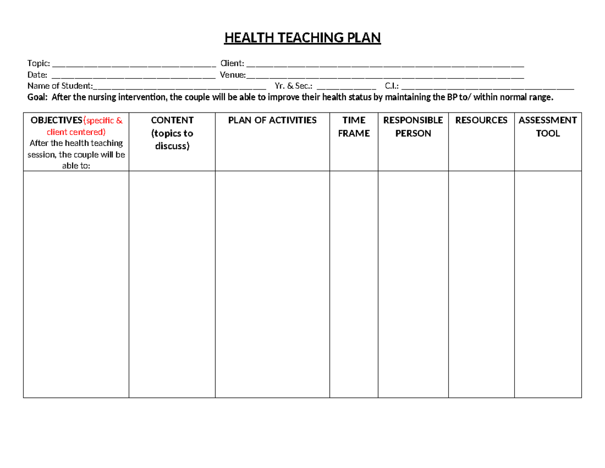 Health Teaching PLAN FORM - HEALTH TEACHING PLAN Topic