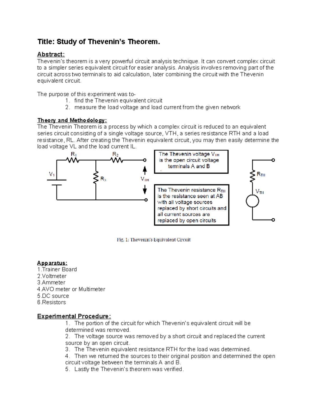 Title: IEC 5 - Thevenin Theorem Lab Experiment Analysis - Studocu