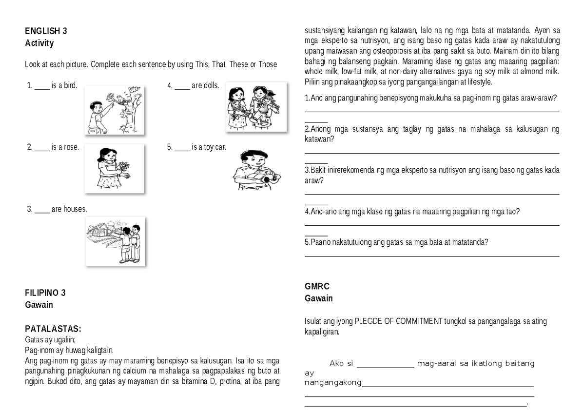 ENGLISH 3 & FILIPINO 3 Activity: Sentence Completion & Milk Benefits ...