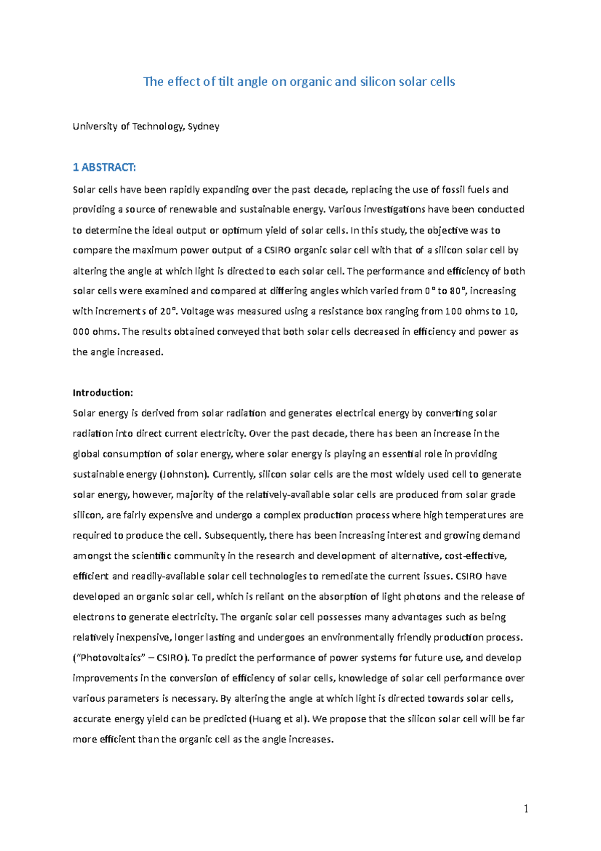 Solar Cell Lab Report: Impact of Tilt Angle on Organic vs. Silicon ...