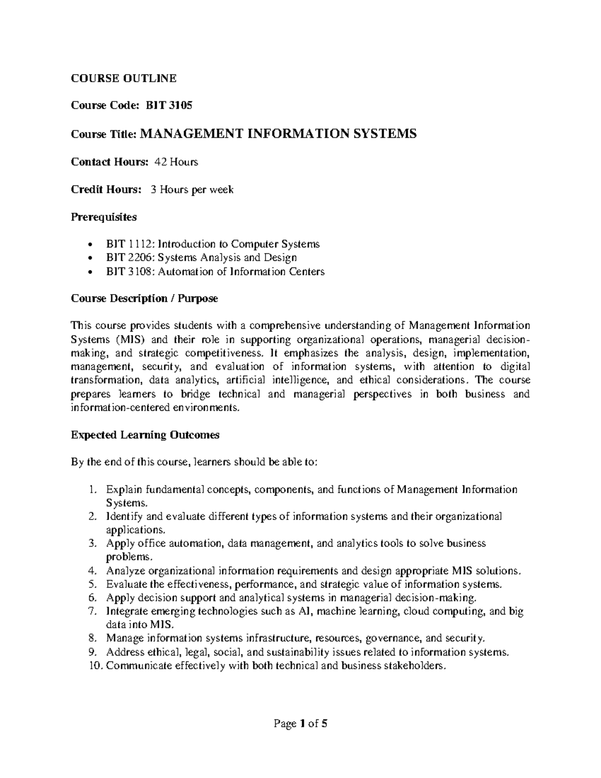 BIT 3105 Course Outline: Management Information Systems Overview - Studocu