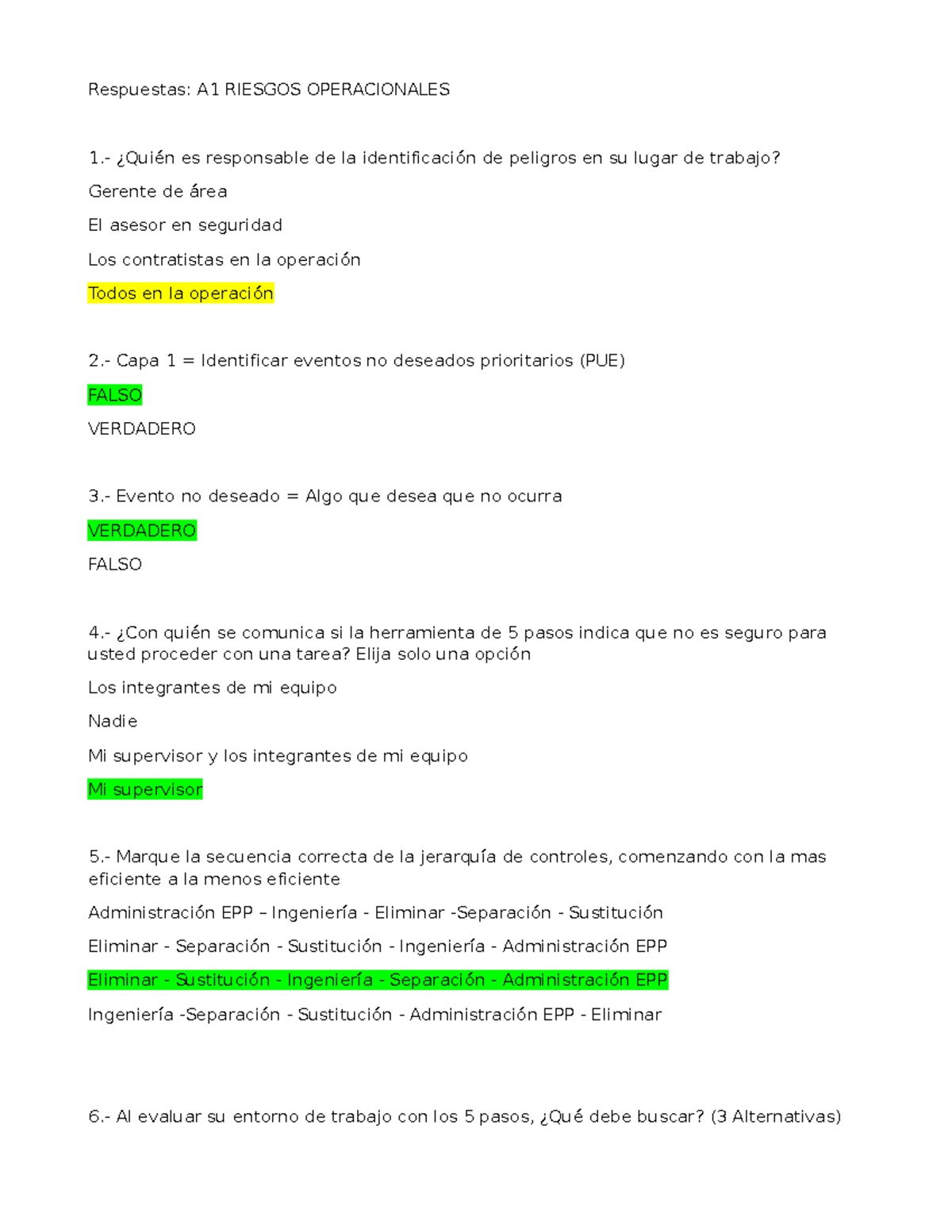 Respuestas A1: Riesgos Operacionales y Seguridad en el Trabajo - Studocu
