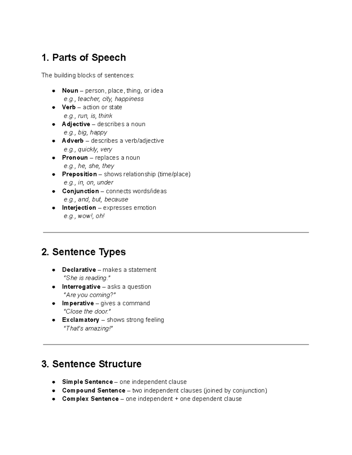 English Notes: Parts of Speech, Sentence Types, and Writing Techniques ...