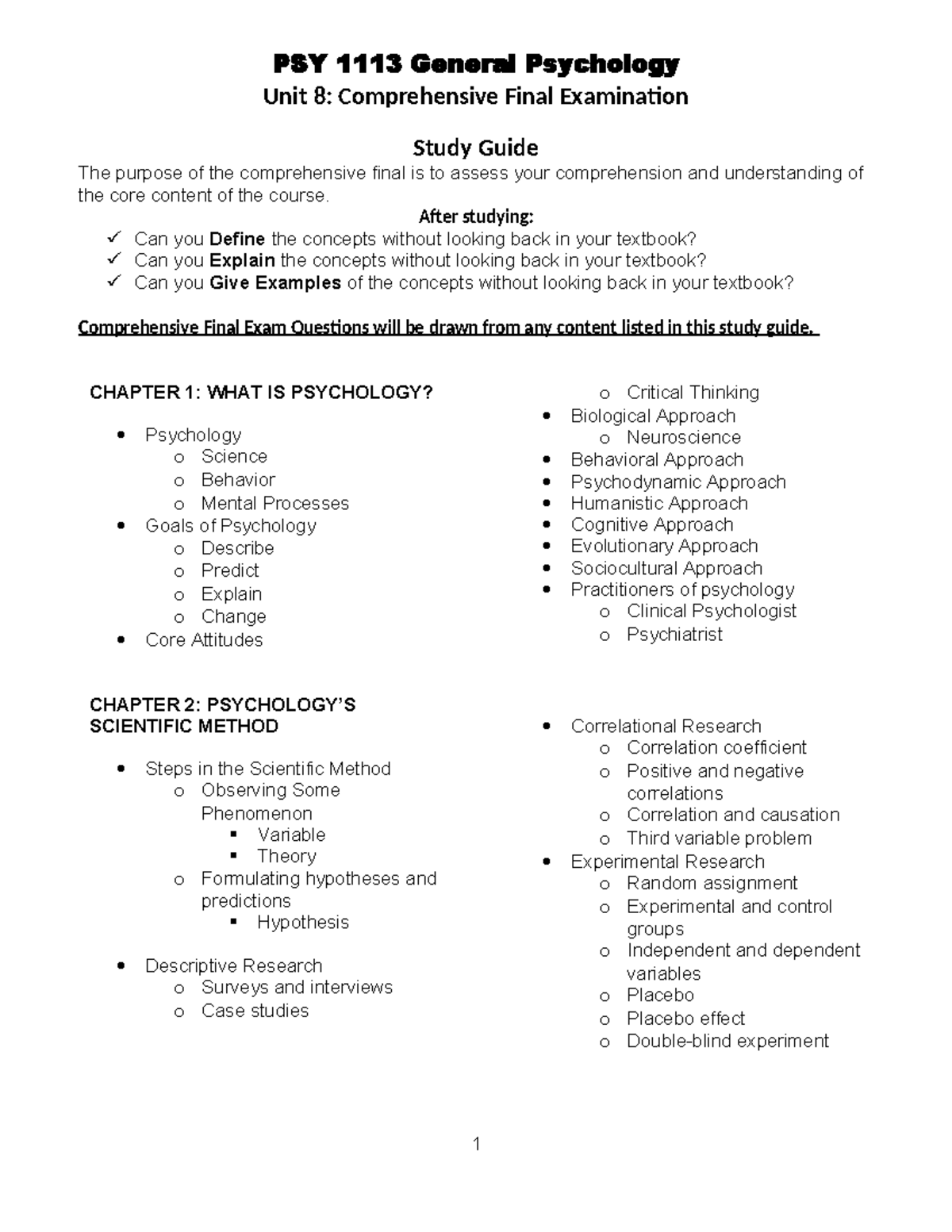 PSY 1113 General Psychology: Unit 8 Final Exam Comprehensive Review ...