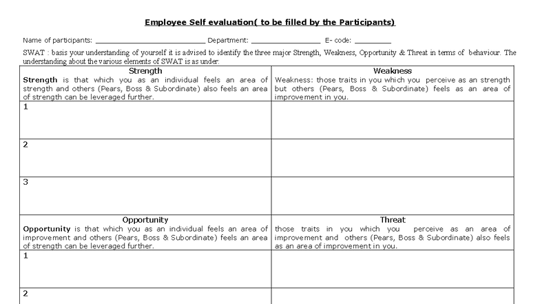 SWAT Analysis Self-Evaluation Form for Employees - Studocu