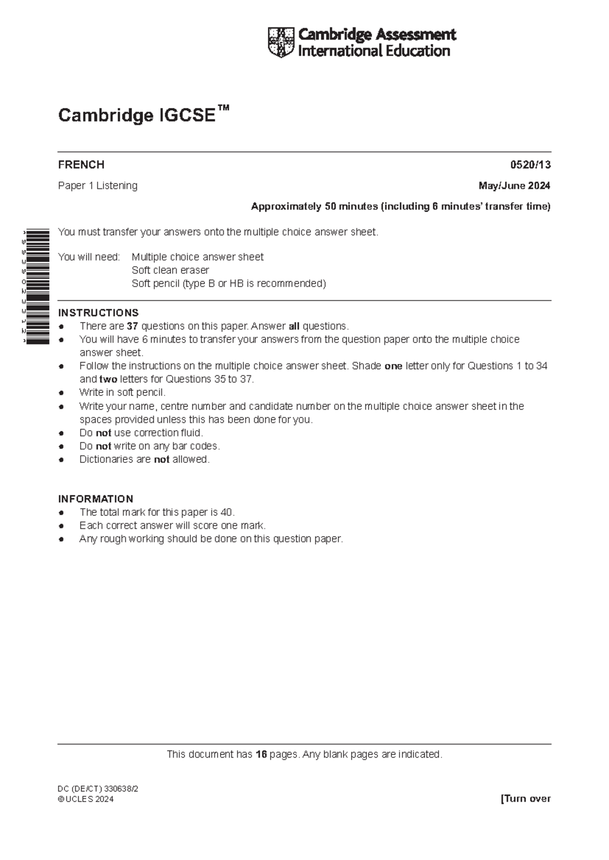 0520 s24 qp 13 - IGCSE FRENCH 0520 - This document has 16 pages. Any ...