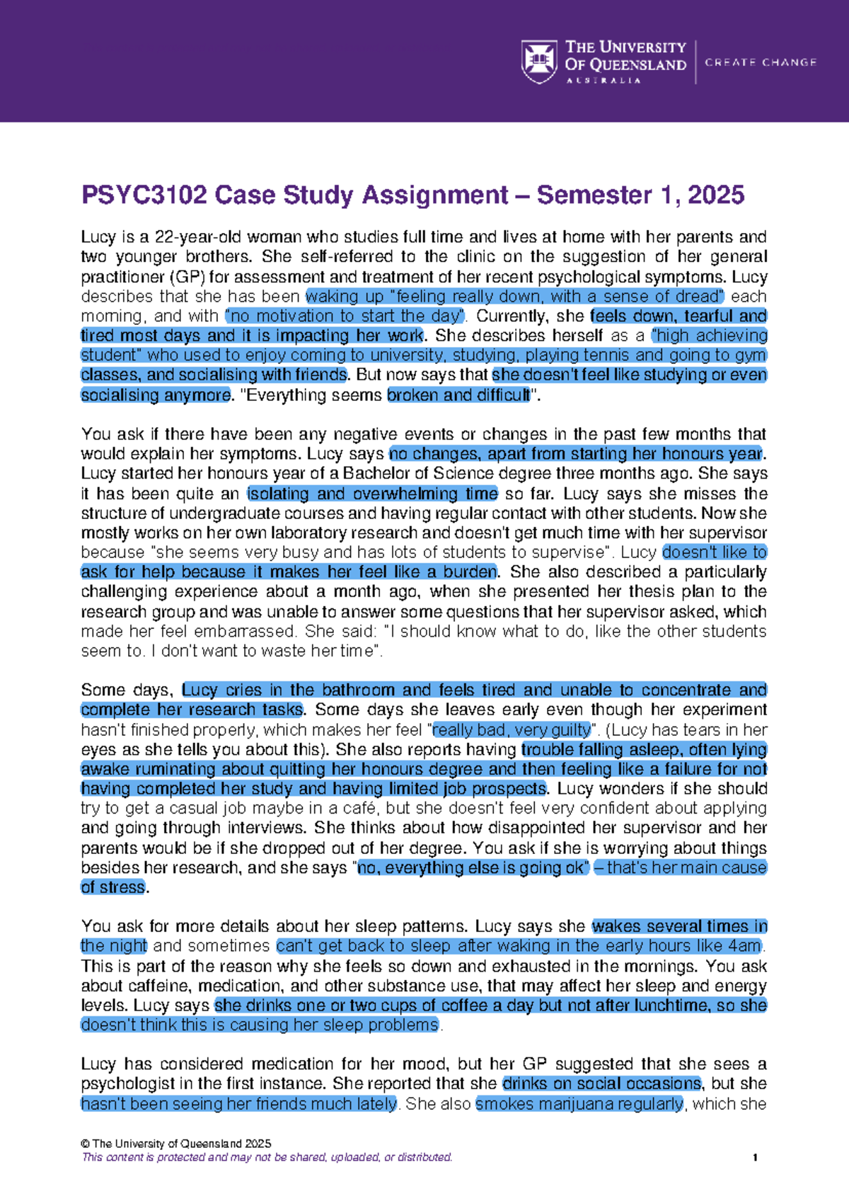 PSYC3102 Case Study Assignment: Lucy's Psychological Assessment 2025 - Studocu
