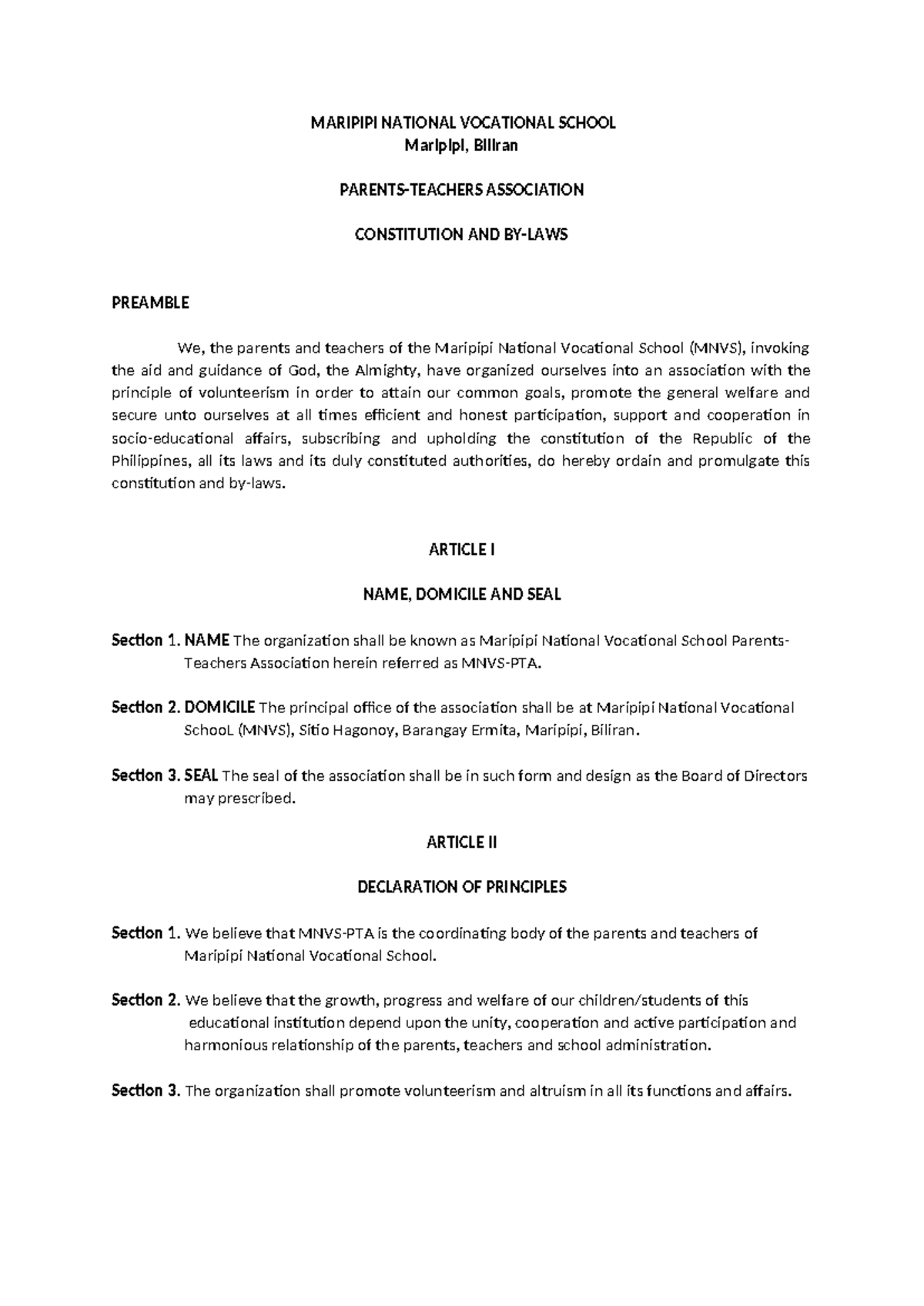 MNVS PTA Constitution and Preamble: A Guide for Members - Studocu