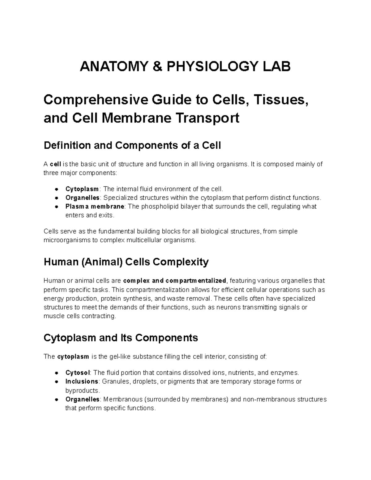 ANATOMY & PHYSIOLOGY LAB: Cells, Tissues, and Membrane Transport Guide ...