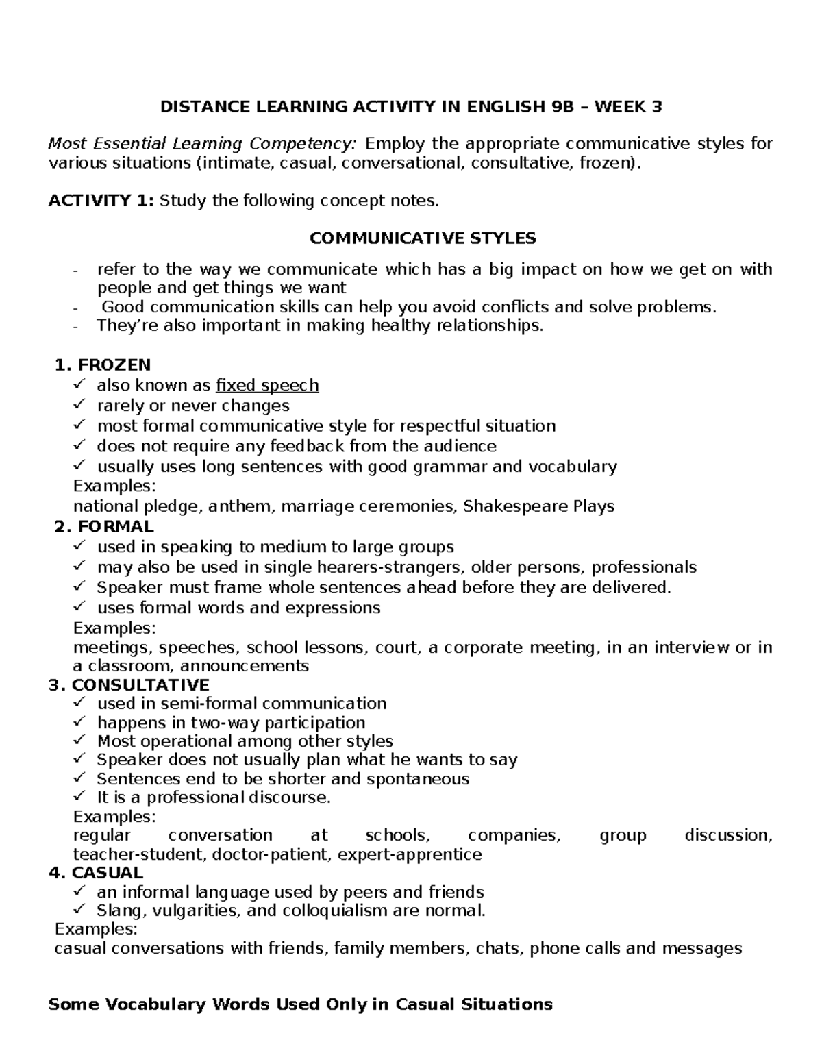 Communicative Styles W4 - DISTANCE LEARNING ACTIVITY IN ENGLISH 9B ...