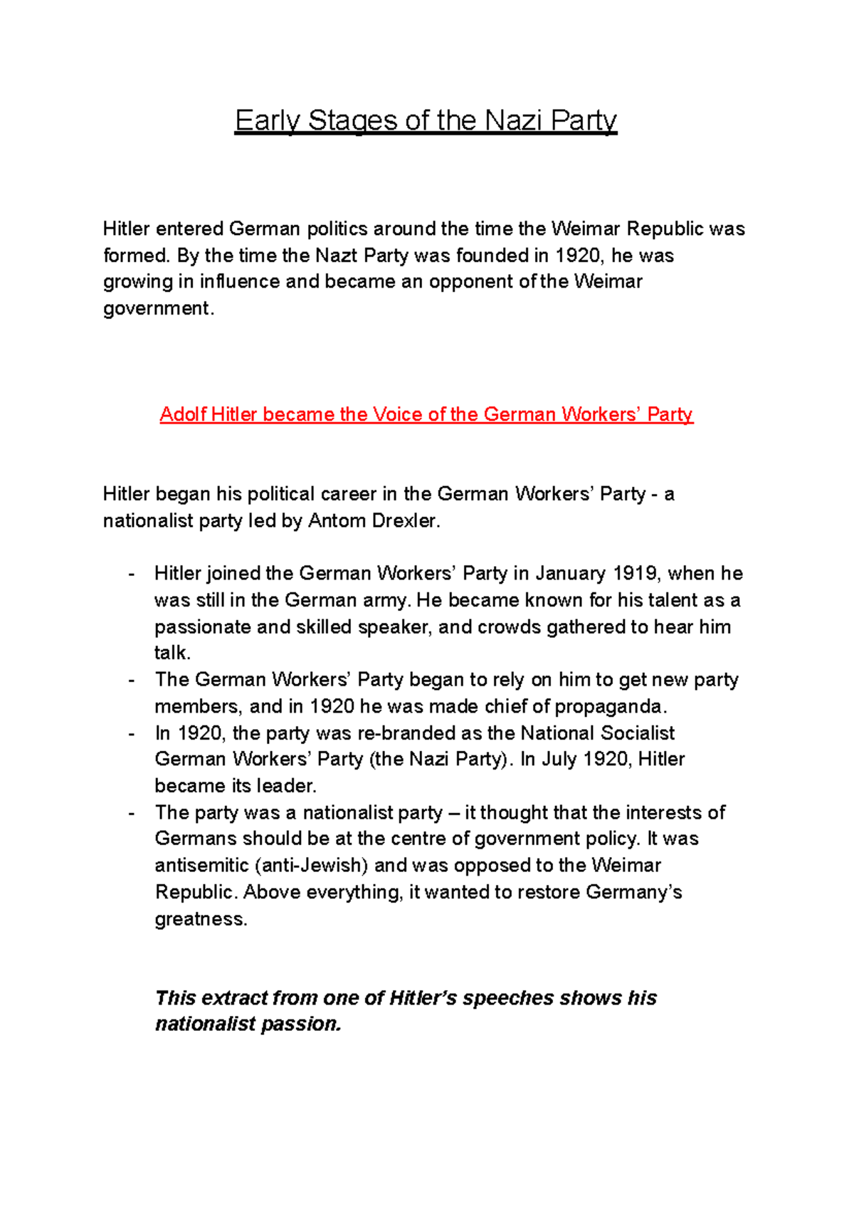 Nazi Party Development: Early Stages & Hitler's Rise (HIST 101) - Studocu