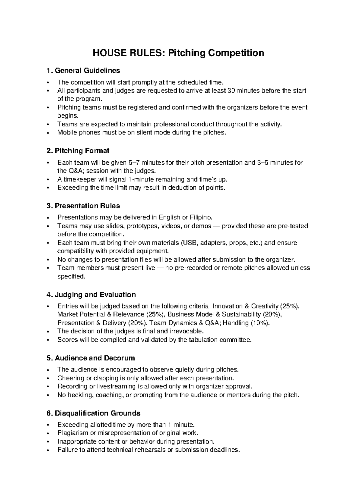 Pitching Competition House Rules: Guidelines & Format - Studocu