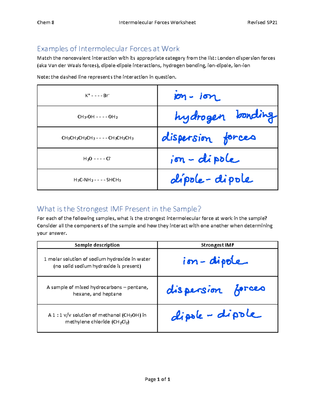 Chem 8 Intermolecular Forces Worksheet Solutions – Revised SP - Studocu