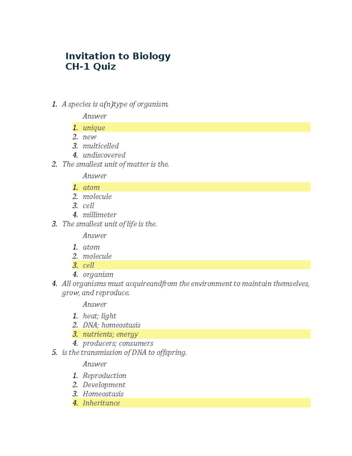 Biology CH-1 Quiz: Understanding Life and Organisms - Studocu