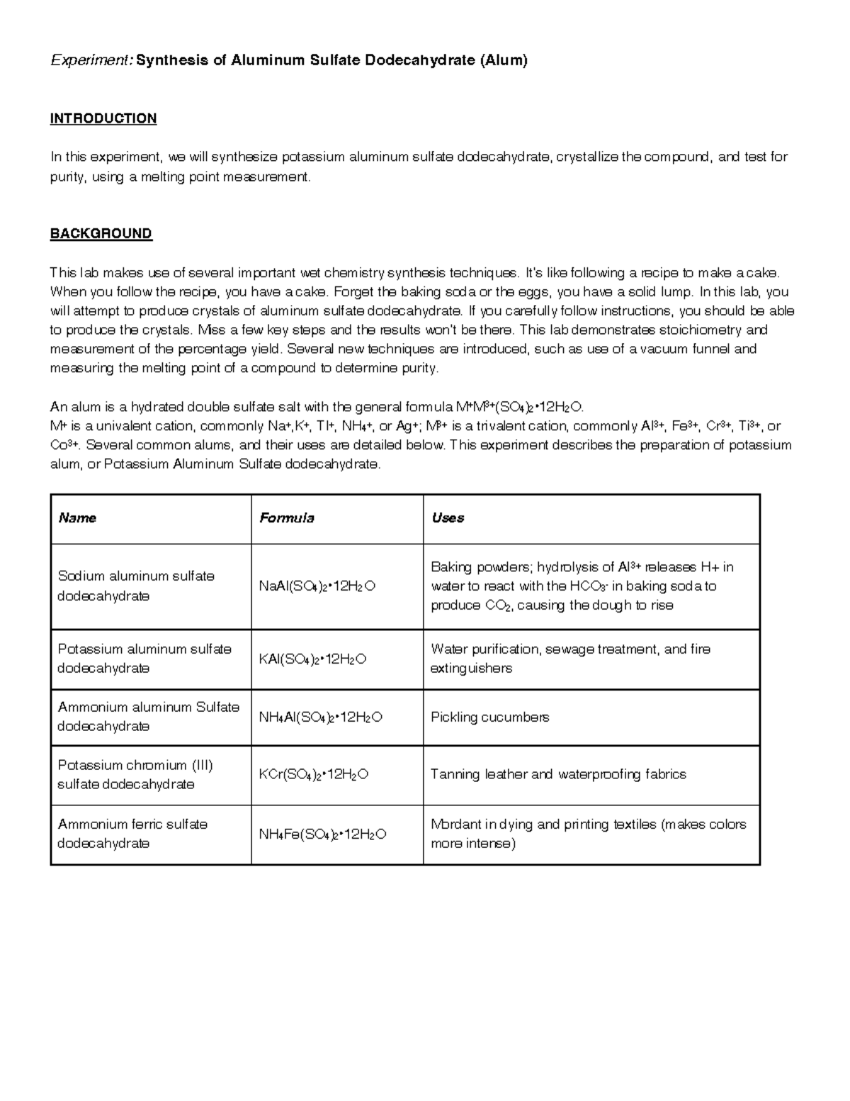 Synthesis of Alum Experiment - FA22: Crystallization & Purity Testing ...