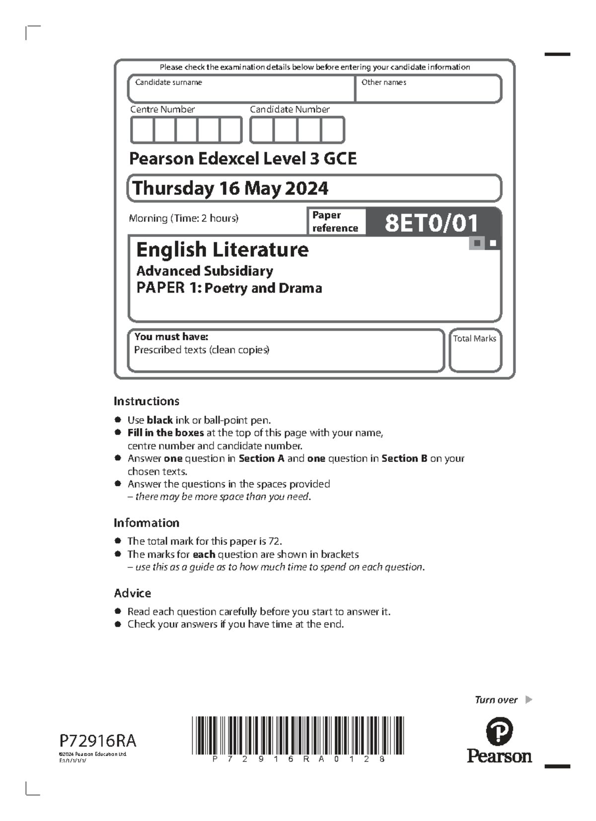 GCE A-Level English Literature Exam Paper 1: Poetry & Drama (8ET0-01 ...