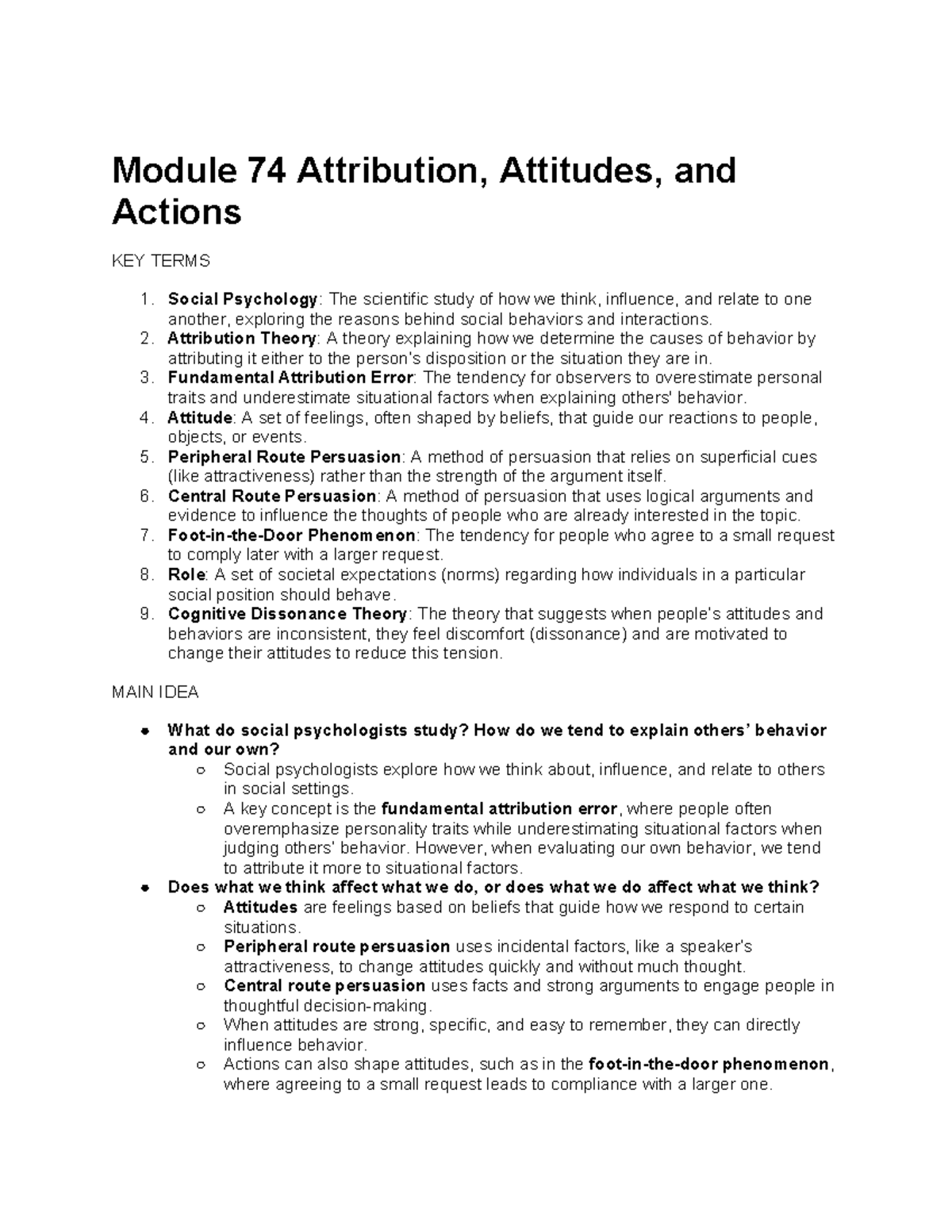 AP Psych Meyers Module 74: Attribution, Attitudes, and Actions Insights ...