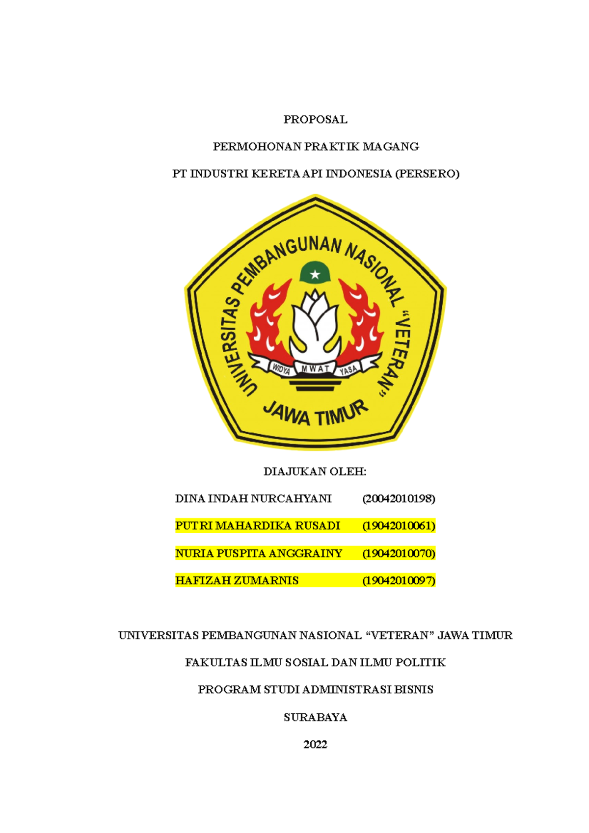 Proposal Praktik Magang di PT INKA (Persero) oleh Mahasiswa UPN Veteran ...