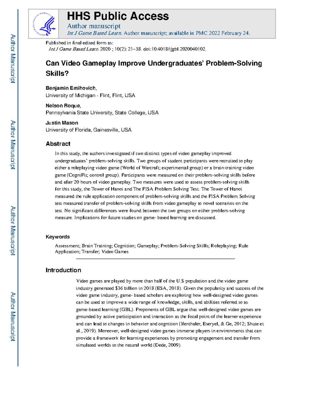 Nihms-1730211 - Impact of Video Gameplay on Problem-Solving Skills - Studocu