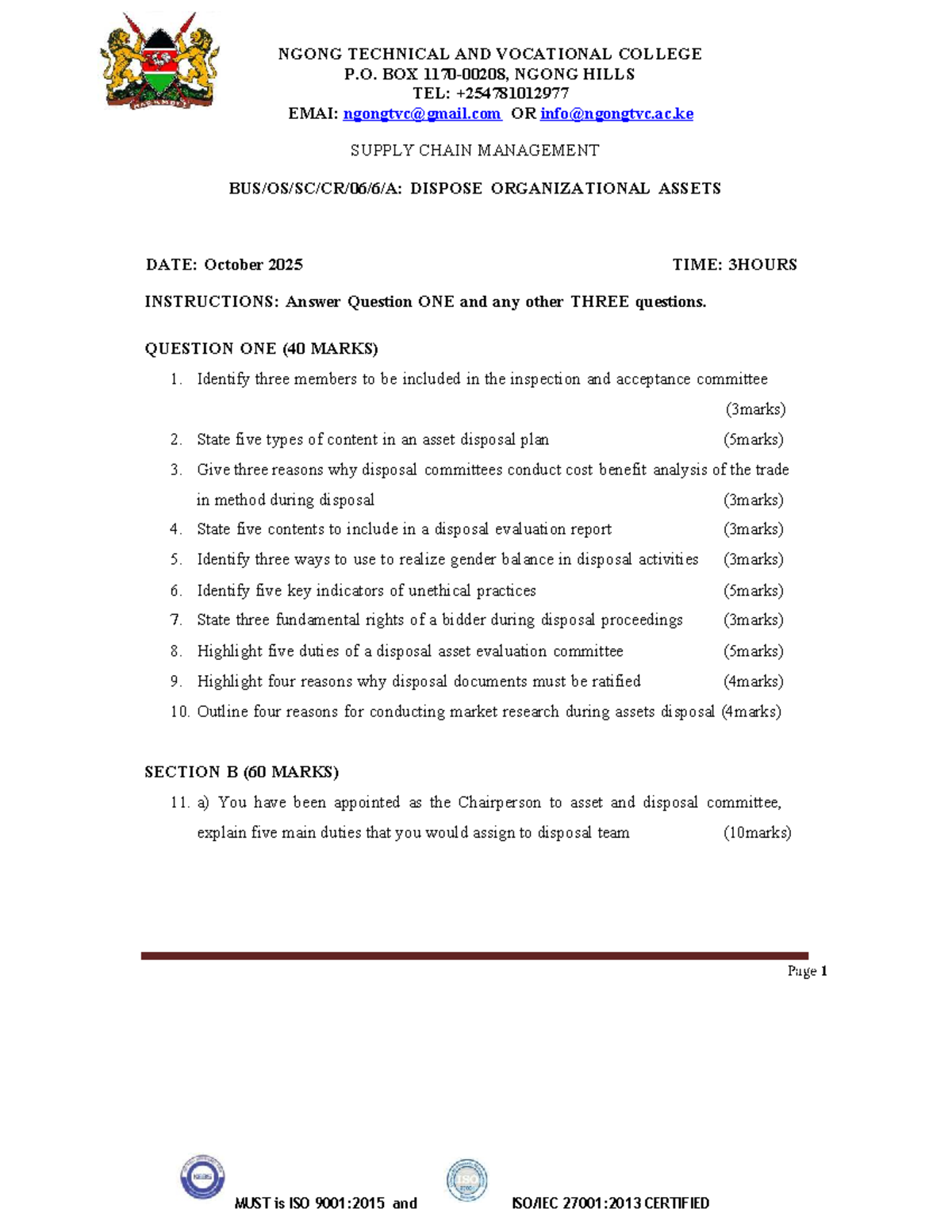 Dispose of Organizational Assets - Level 6 CAT 2 Exam Guide - Studocu