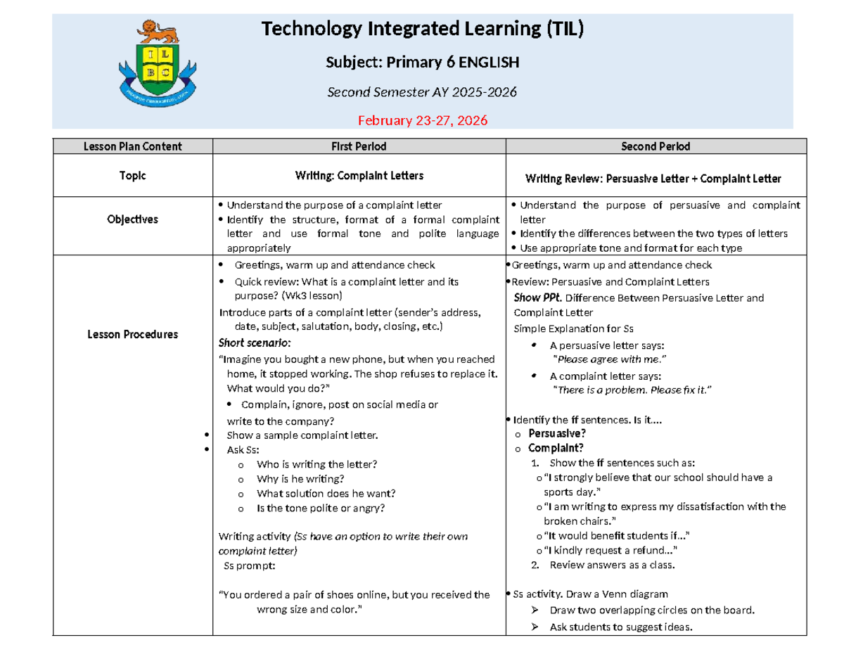 P6 ENGLISH Lesson Plan: Complaint & Persuasive Letters (Feb 2026) - Studocu
