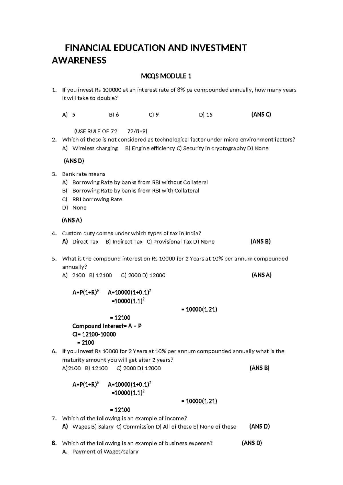 Financial Education & Investment Awareness: MCQs for Module 1 - Studocu