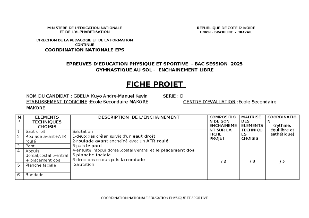 EPS BAC 2025: Fiche Projet de Gymnastique au Sol - Enchaînement Libéré ...
