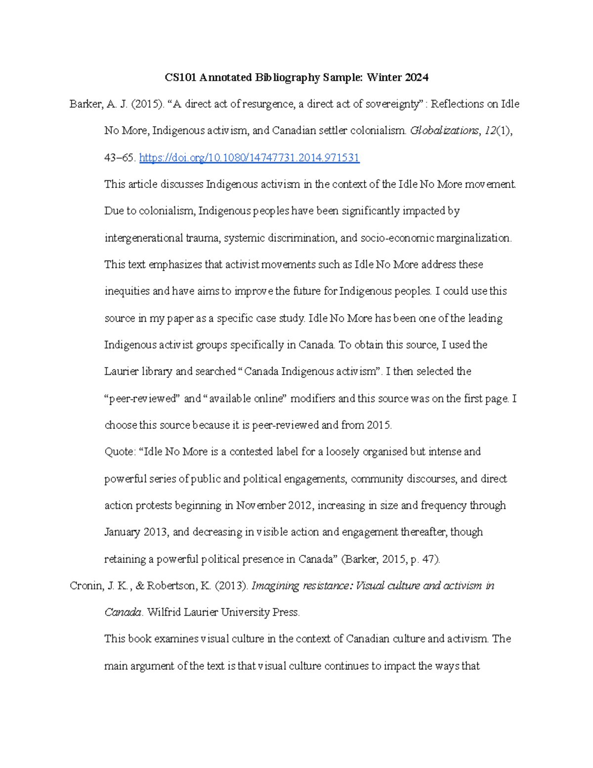 CS101 Annotated Bibliography Sample: Indigenous Activism Insights - Studocu