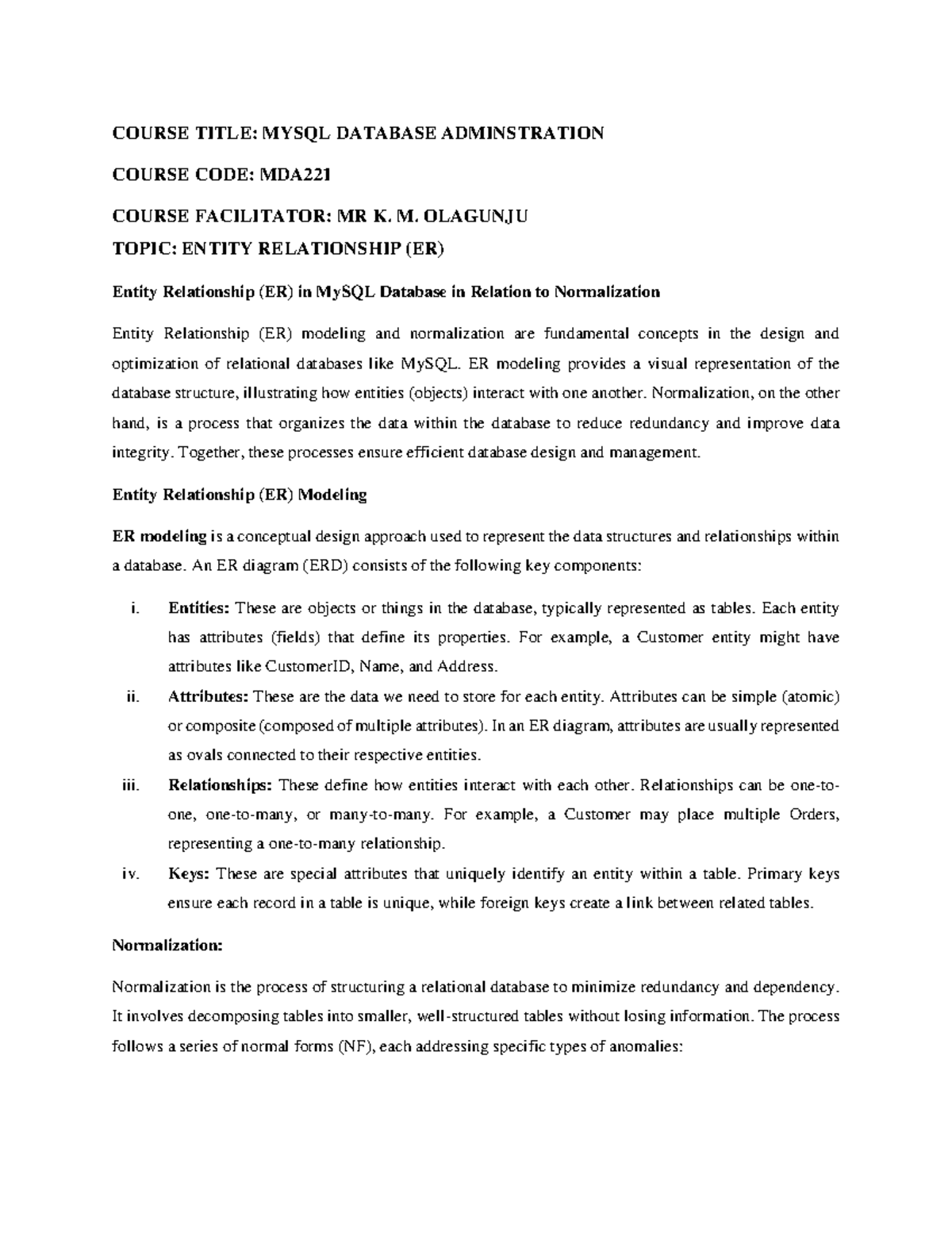 Entity Relationship (ER) Modeling & Normalization in MySQL - MDA221 ...
