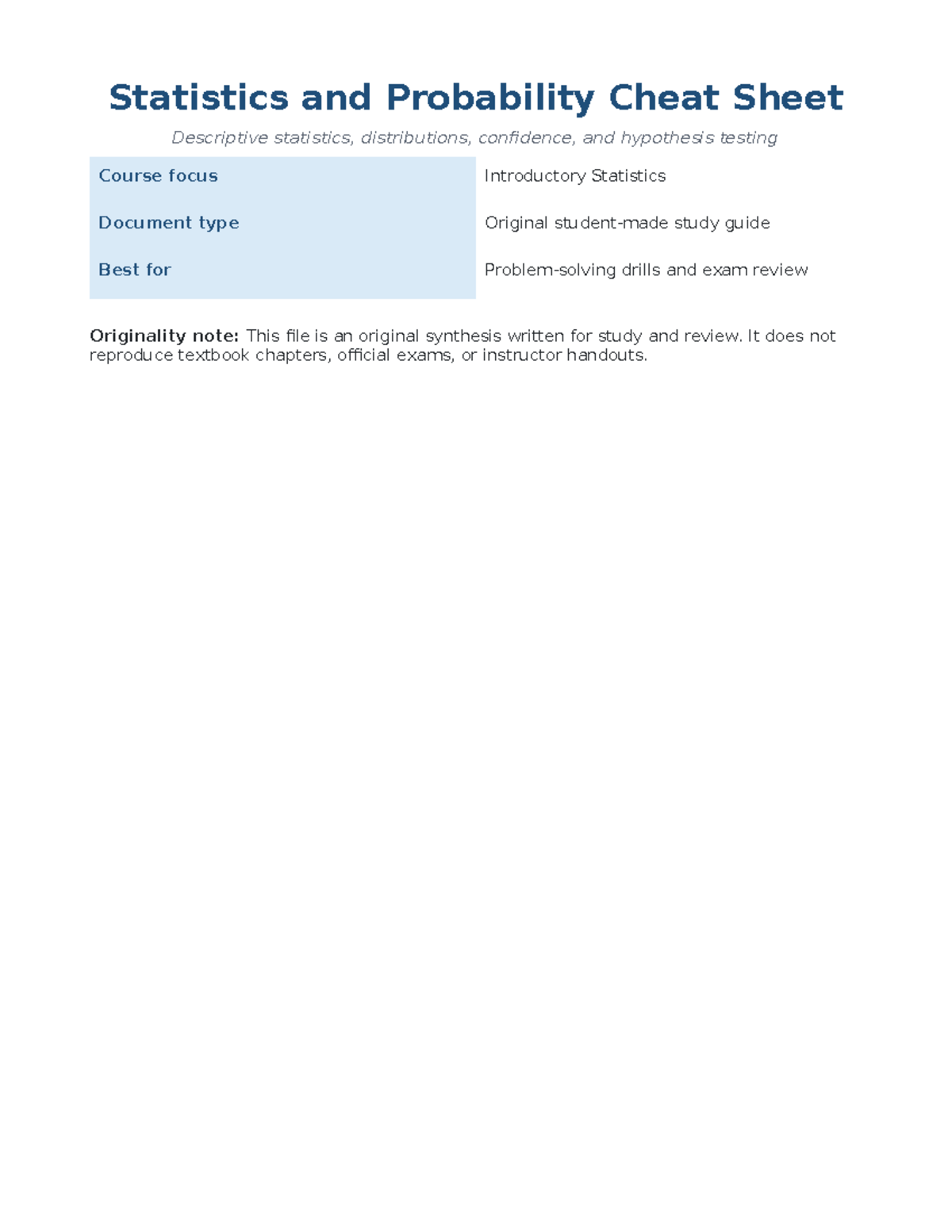 Introductory Statistics Cheat Sheet: Descriptive Stats & Probability ...