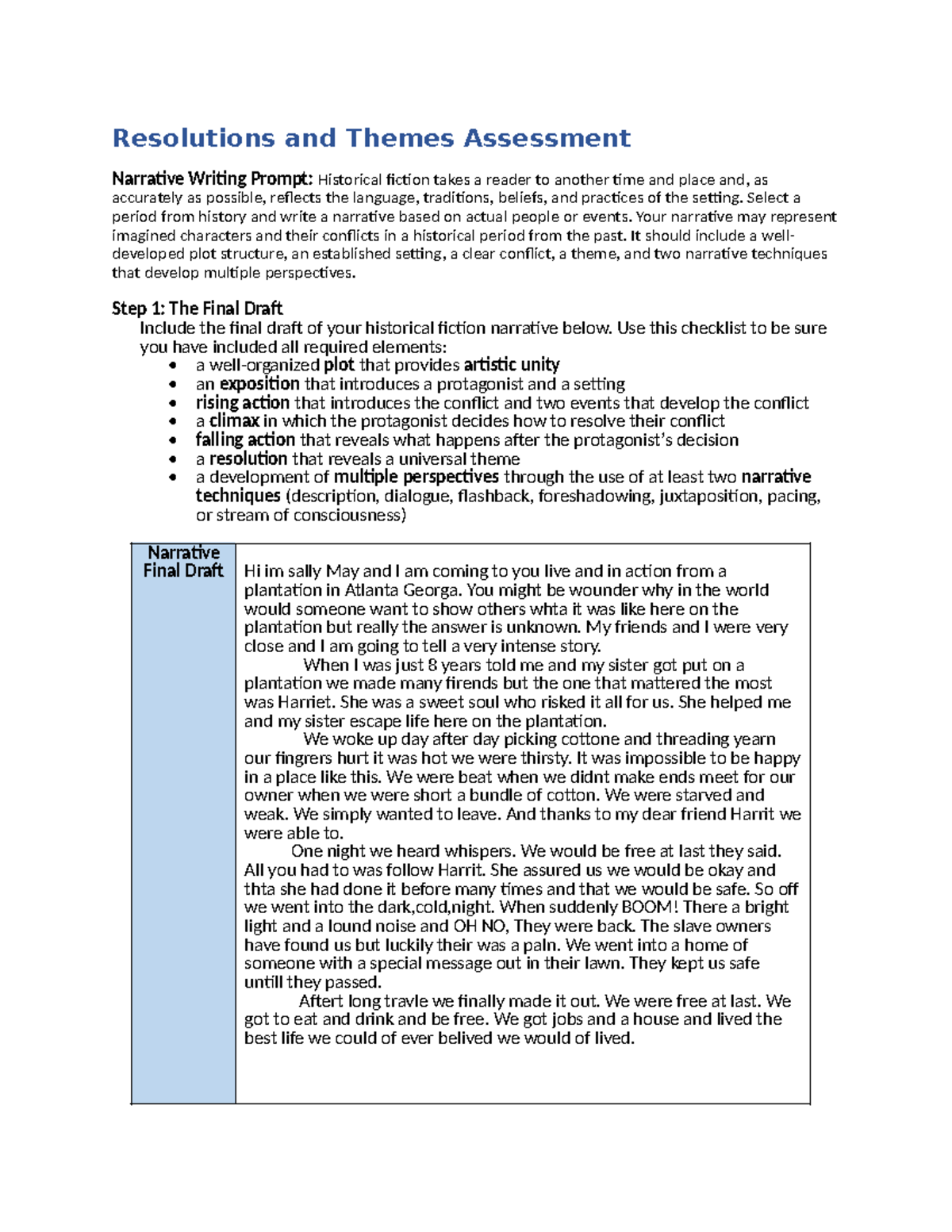 Historical Fiction Narrative: Resolutions & Themes Assessment (ENG 101 ...