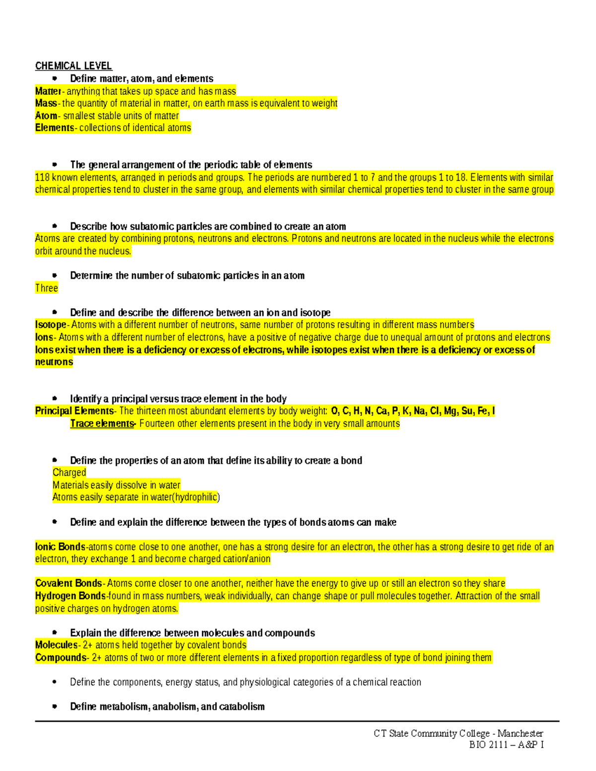 BIO 2111 - Study Guide: Chemical Level & Atomic Structure - Studocu