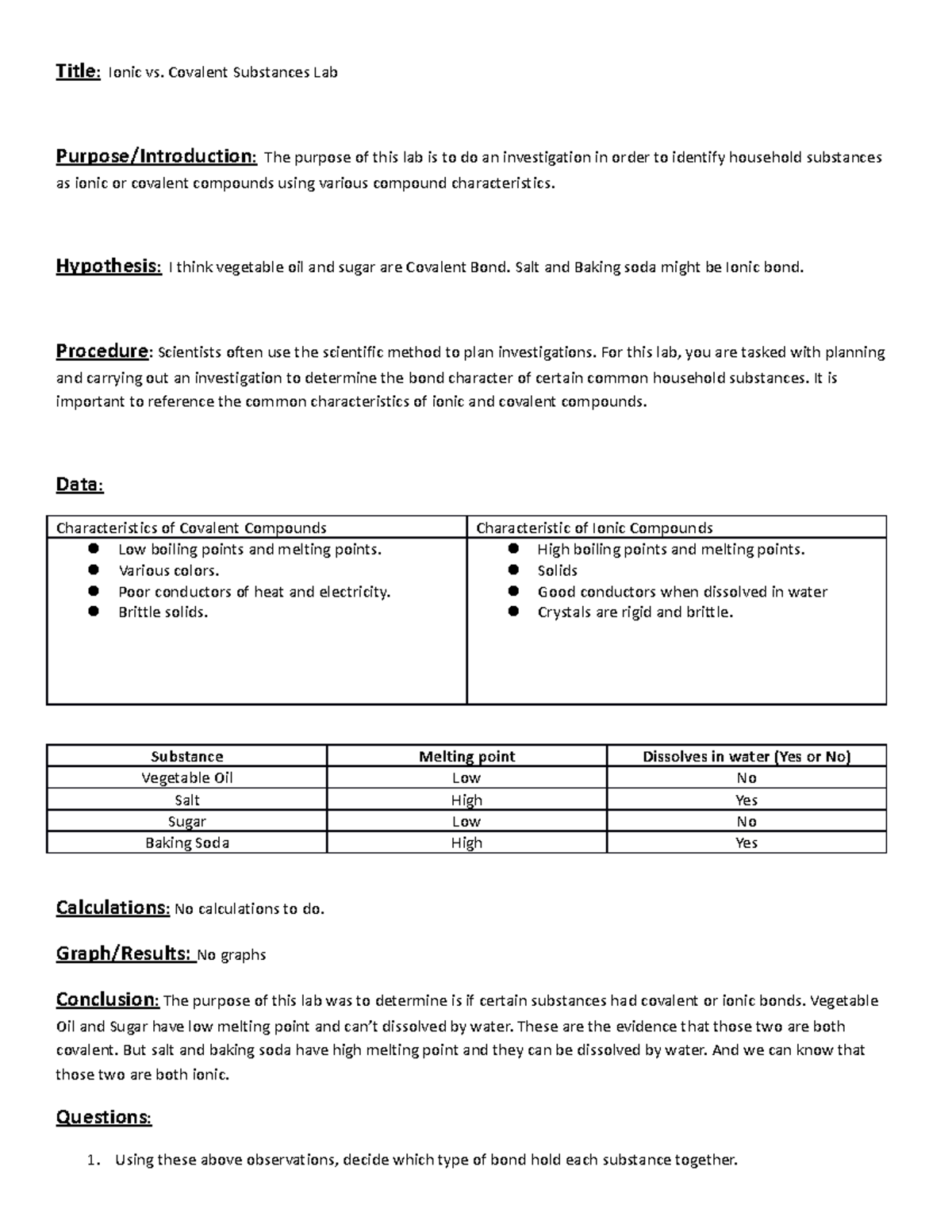 Ionic vs. Covalent Compounds: Lab Investigation Report - Studocu