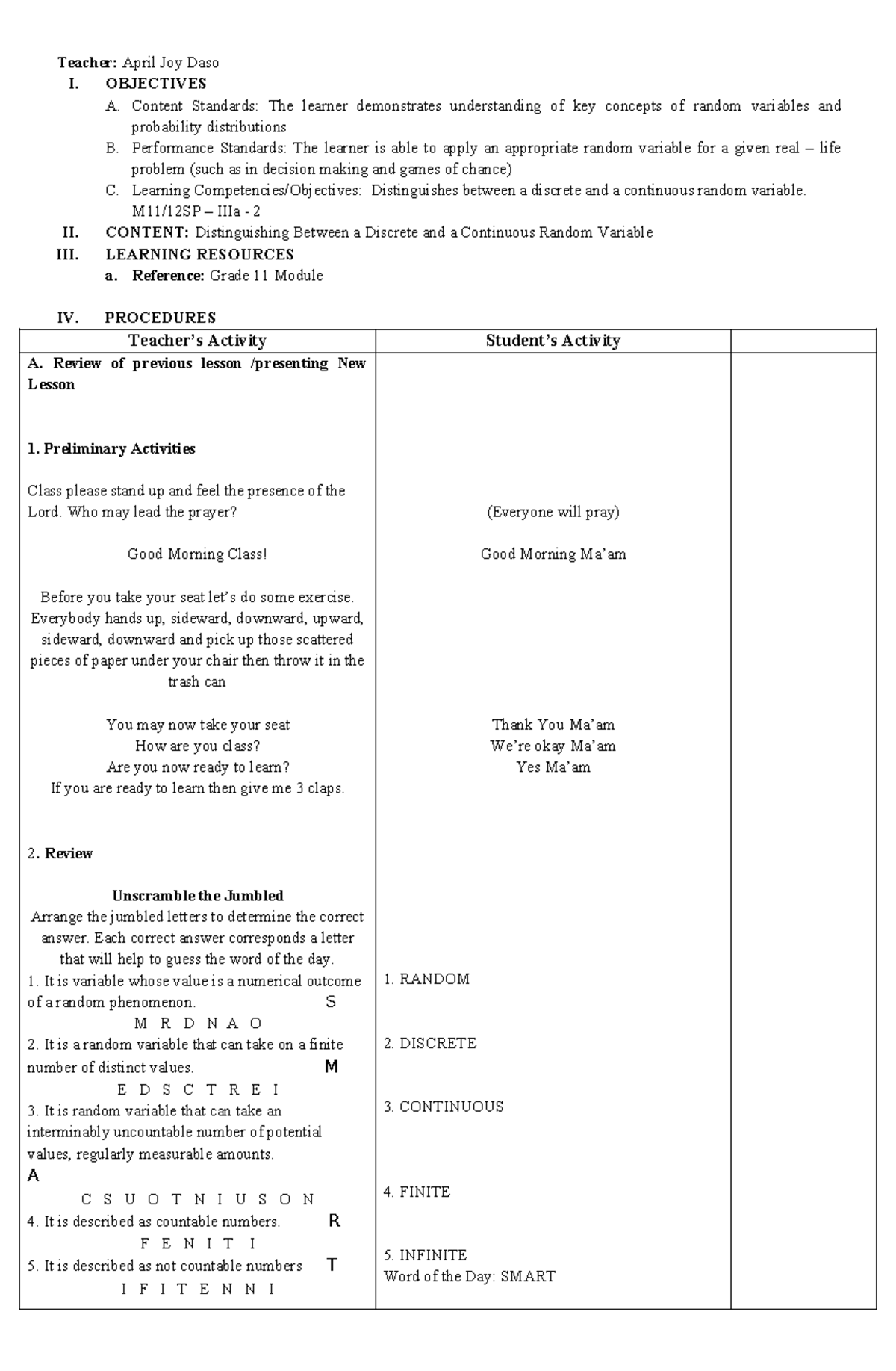 SHS Demo - Lesson Notes on Discrete & Continuous Random Variables - Studocu