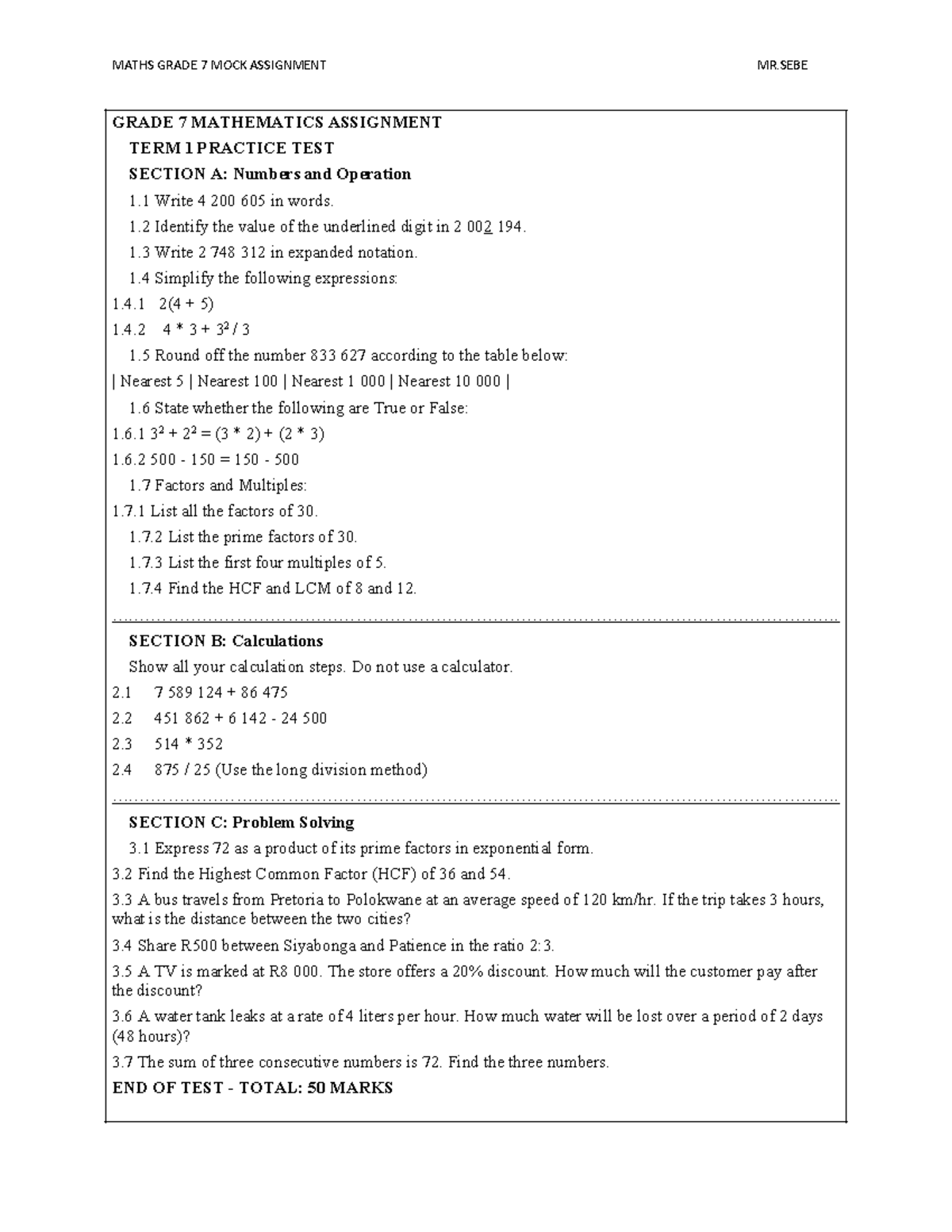 MATHS GRADE 7 MOCK ASSIGNMENT TERM 1 PRACTICE TEST - Studocu
